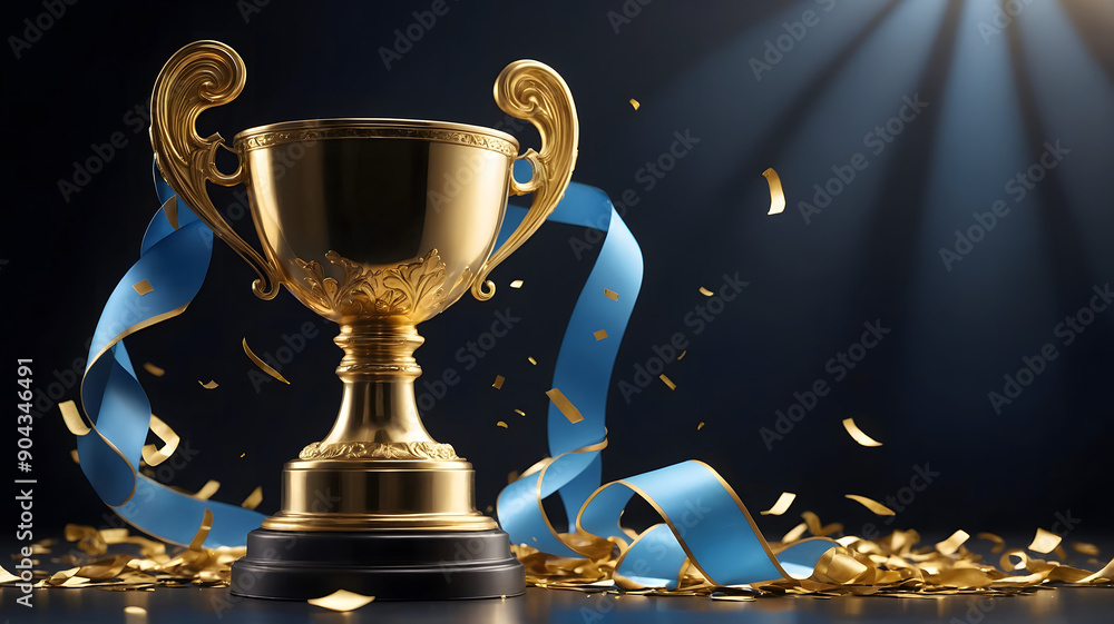 Shiny golden trophy blue ribbon scattered confetti victory honor ...