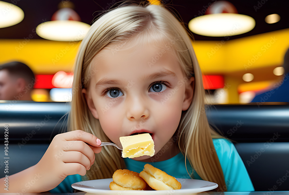 Ilustración de Stock little girl eating fatty butter nuggets fast food ...