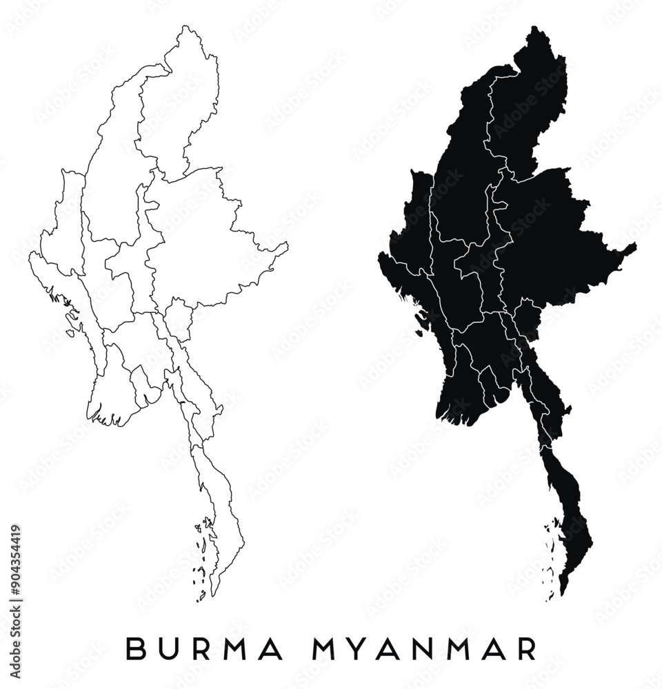 Burma Myanmar map of regions districts vector black on white and outline Stock Vector | Adobe Stock