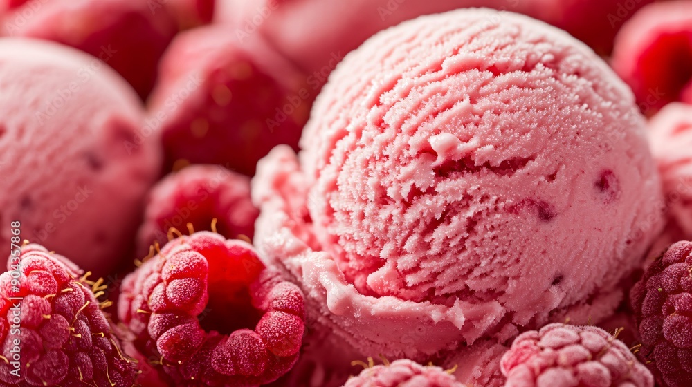 Raspberries next to a scoop of raspberry flavored ice cream ...