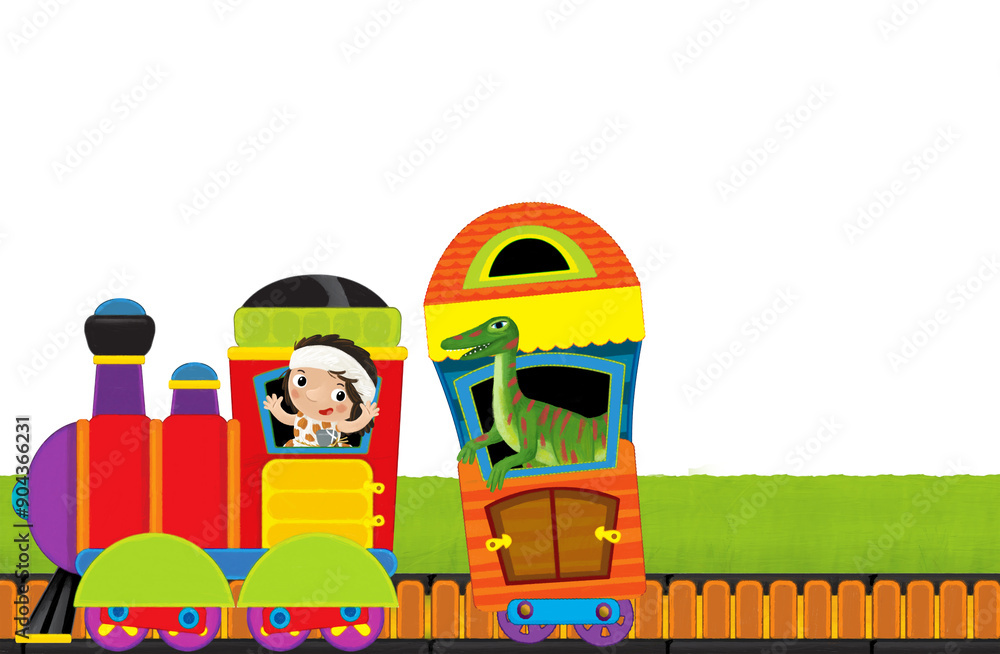 Cartoon funny looking colorful train locomotive wagon with dino ...
