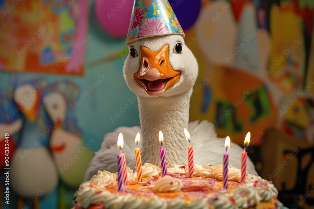 goose in a party hat sitting in front of cake with lit candles, holiday ...