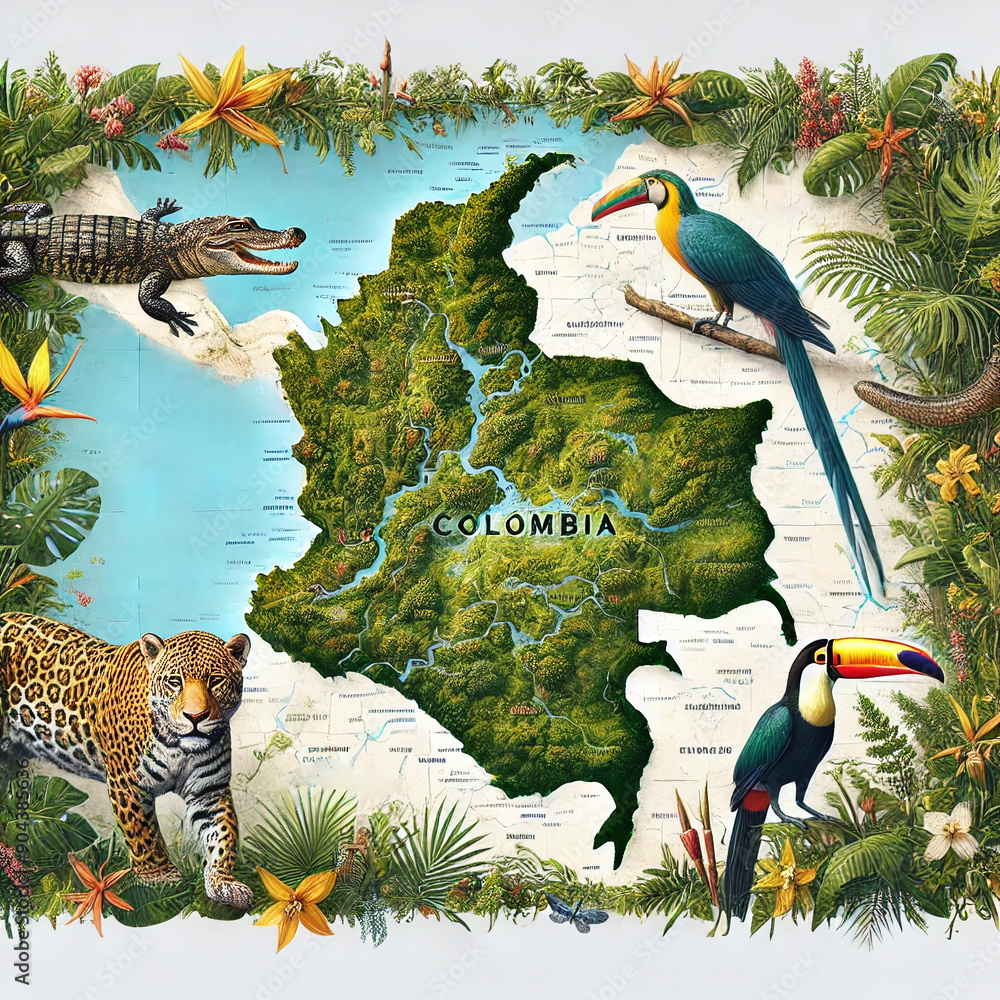 Detailed Map of Colombia with Jungle Vegetation Frame and Native ...