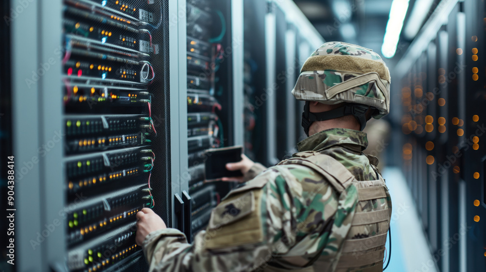 Military personnel in camouflage uniform working in a server room with ...