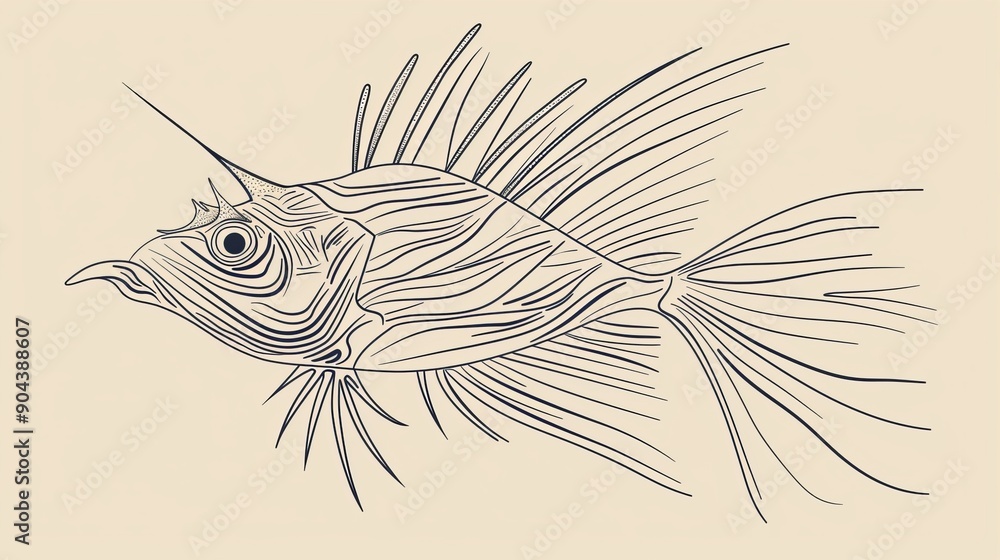 Continuous line drawing of a venomous marine fish designed as abstract ...