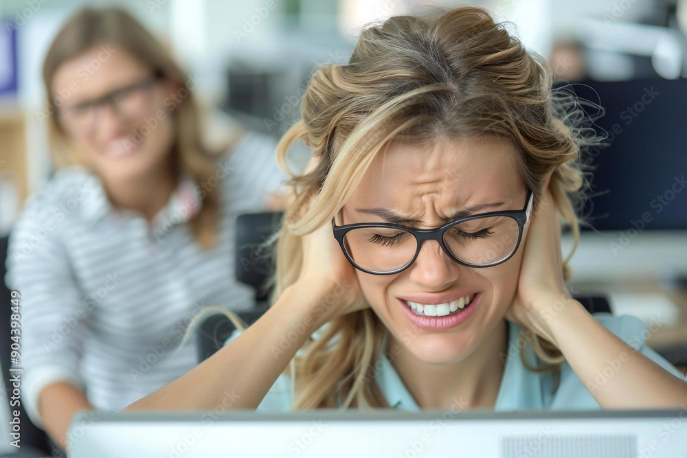 Beautiful young businesswoman with eyeglasses grimacing in pain as she ...