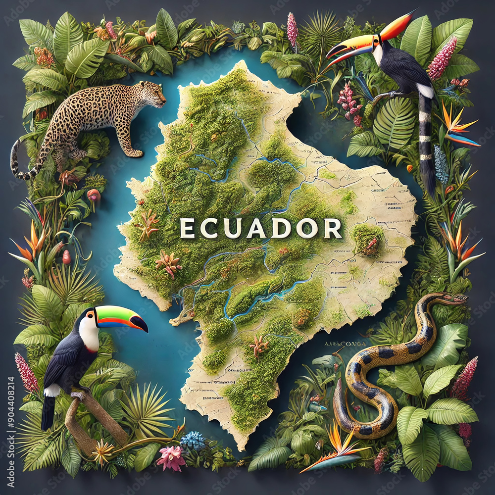 Detailed Map of Ecuador with Jungle Vegetation Frame and Native ...