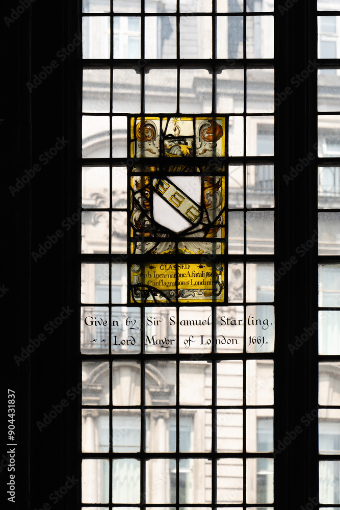 London, UK - July 24, 2024: This stained glass window panel referring ...