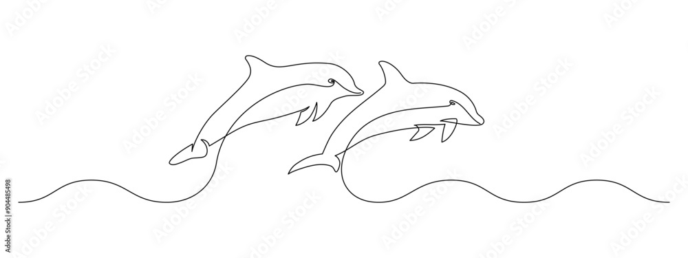 One continuous line drawing of couple of dolphin. Sea animal in ...
