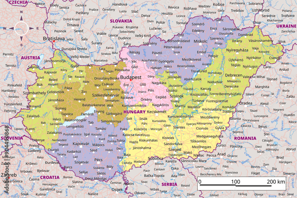 Detailed political Map of Hungary Stock Vector | Adobe Stock