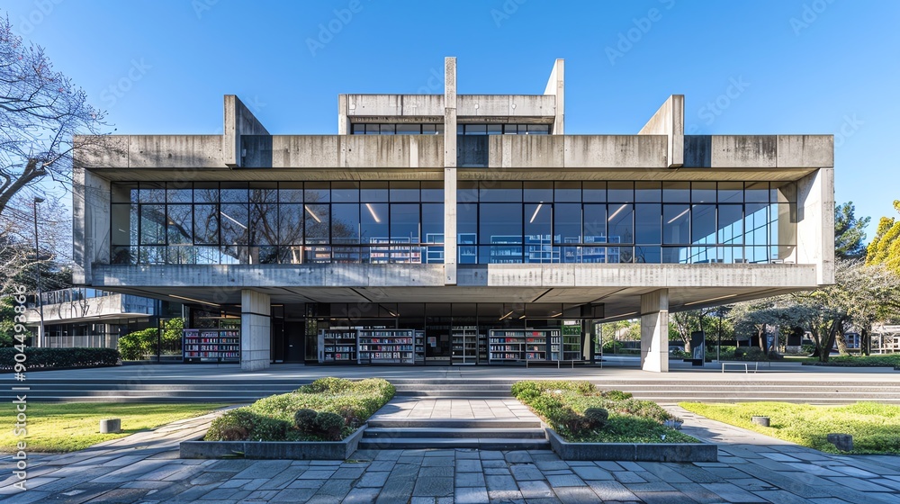 Public library with neo brutalist architecture, massive concrete blocks ...