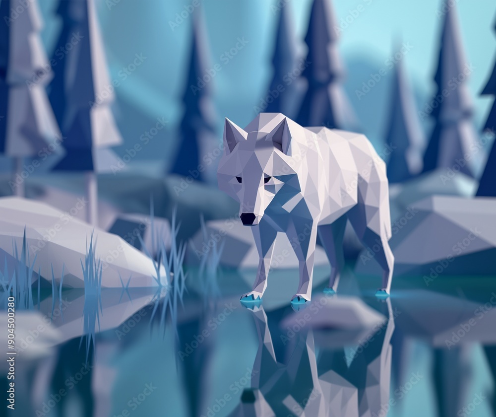 Contemporary Low Poly Wolf Illustration in a Forest by the Lake â ...