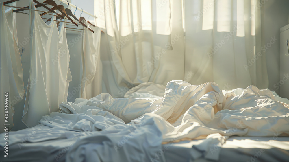 Freshly laundered bed sheets drying on a clothes rack, shown in high ...