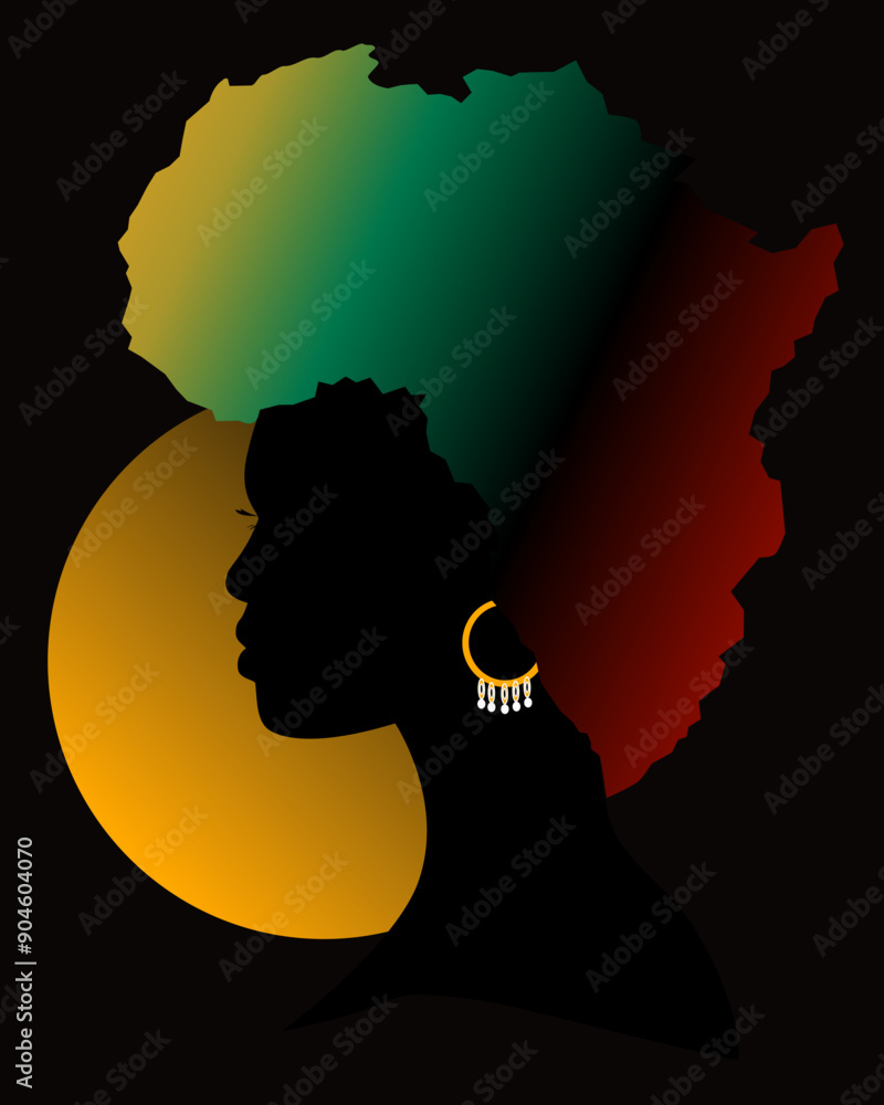 African woman, face profile silhouette with hair in the shape of Africa ...