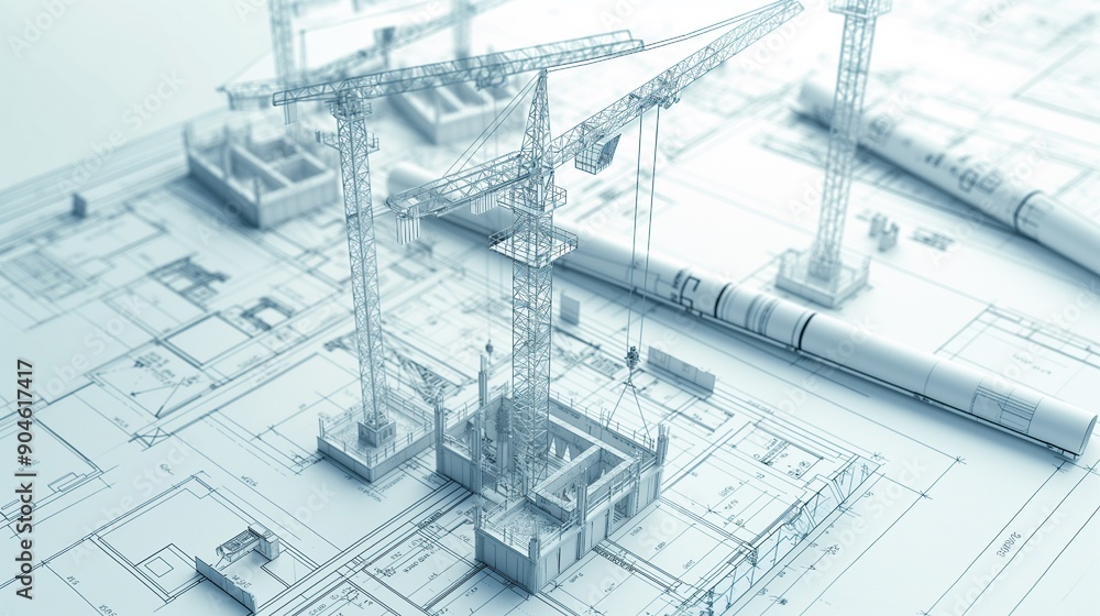 Project construction blueprints and engineering tools; site tower crane ...