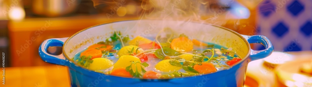 Rustic Thai Kitchen with Simmering Tom Yum Soup, A cozy scene featuring a pot of aromatic soup ...