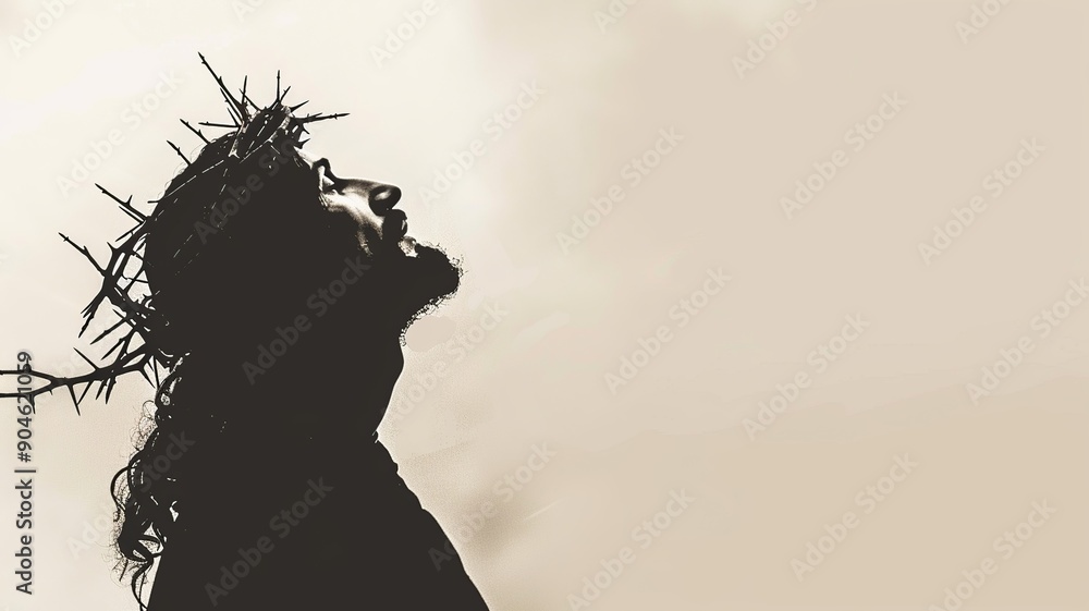 A graceful silhouette of Jesus with a crown of thorns against a simple ...