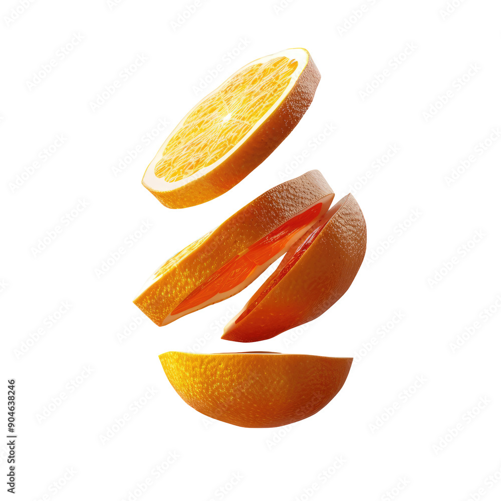 Sliced orange fruit falling alone in the air, isolated on a transparent ...