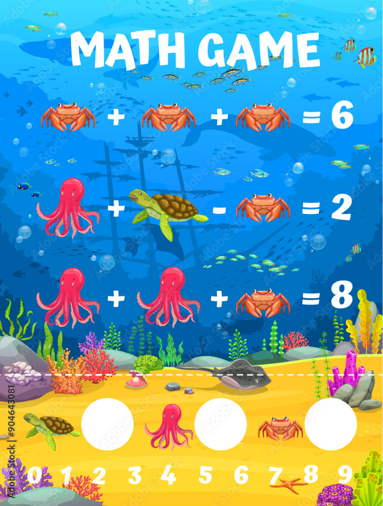 Kids math game, underwater landscape and sea animals. Vector ...