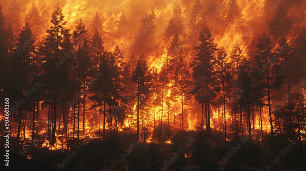 Forest Fire in Dense Woods Illustrating the Devastating Impact of ...