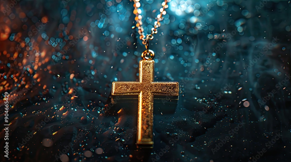 Shiny gold cross on a chain, captured against a rich, dark backdrop ...