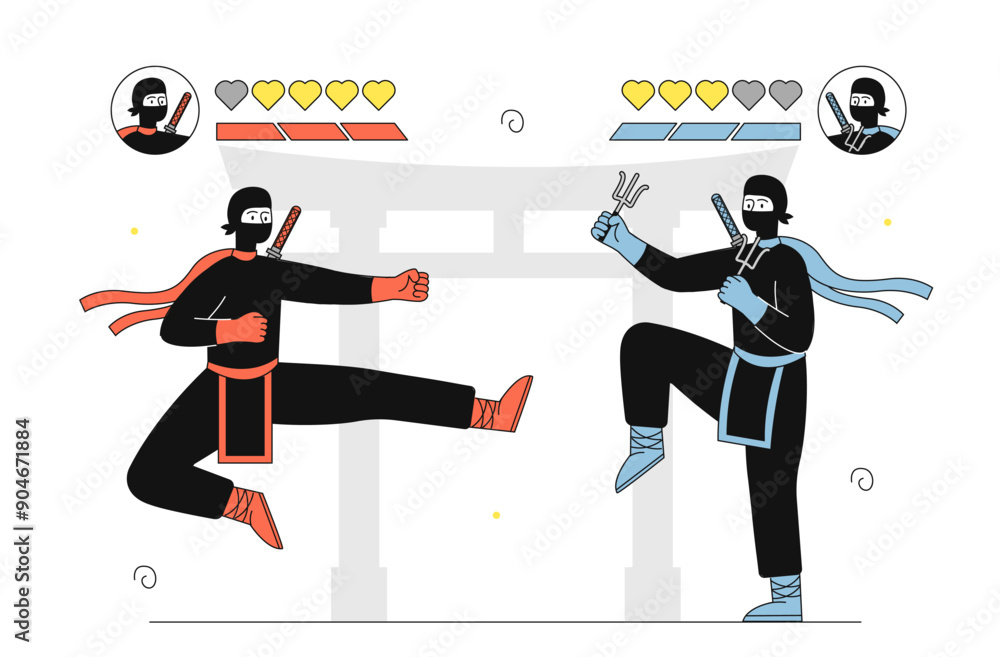 Fighting game concept. Two ninjas fight each other. Scene from arcade ...