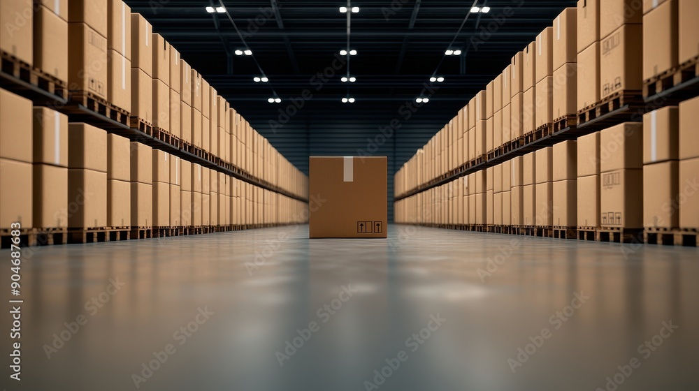 A vast warehouse filled with rows of stacked cardboard boxes on pallets ...