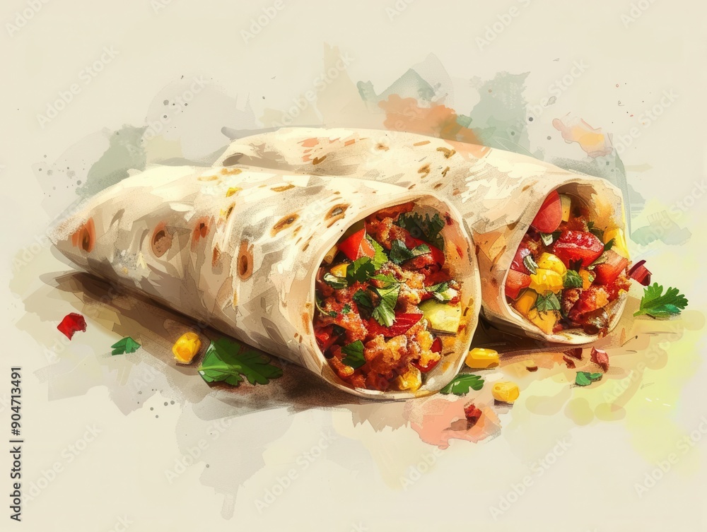 Breakfast burrito flat design worm's-eye view food theme anime ...