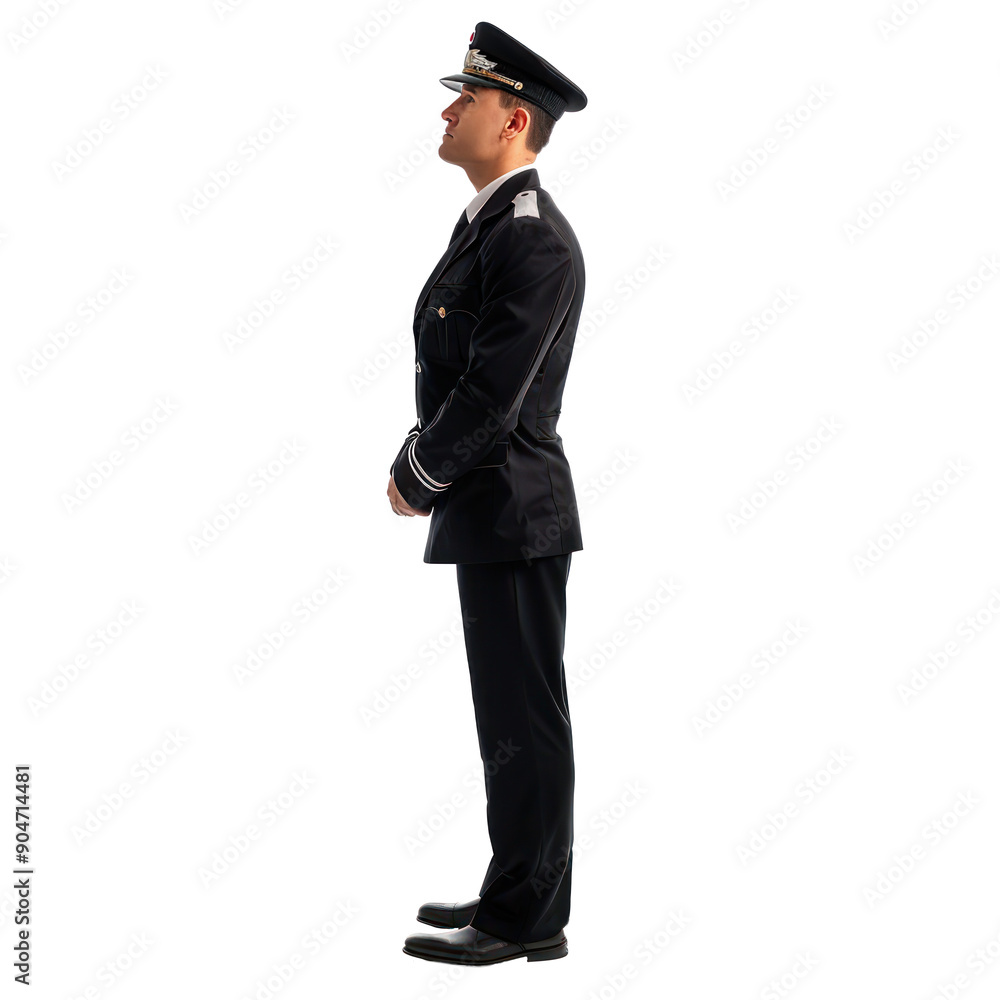 Airplane pilot in black uniform standing side view isolate on ...