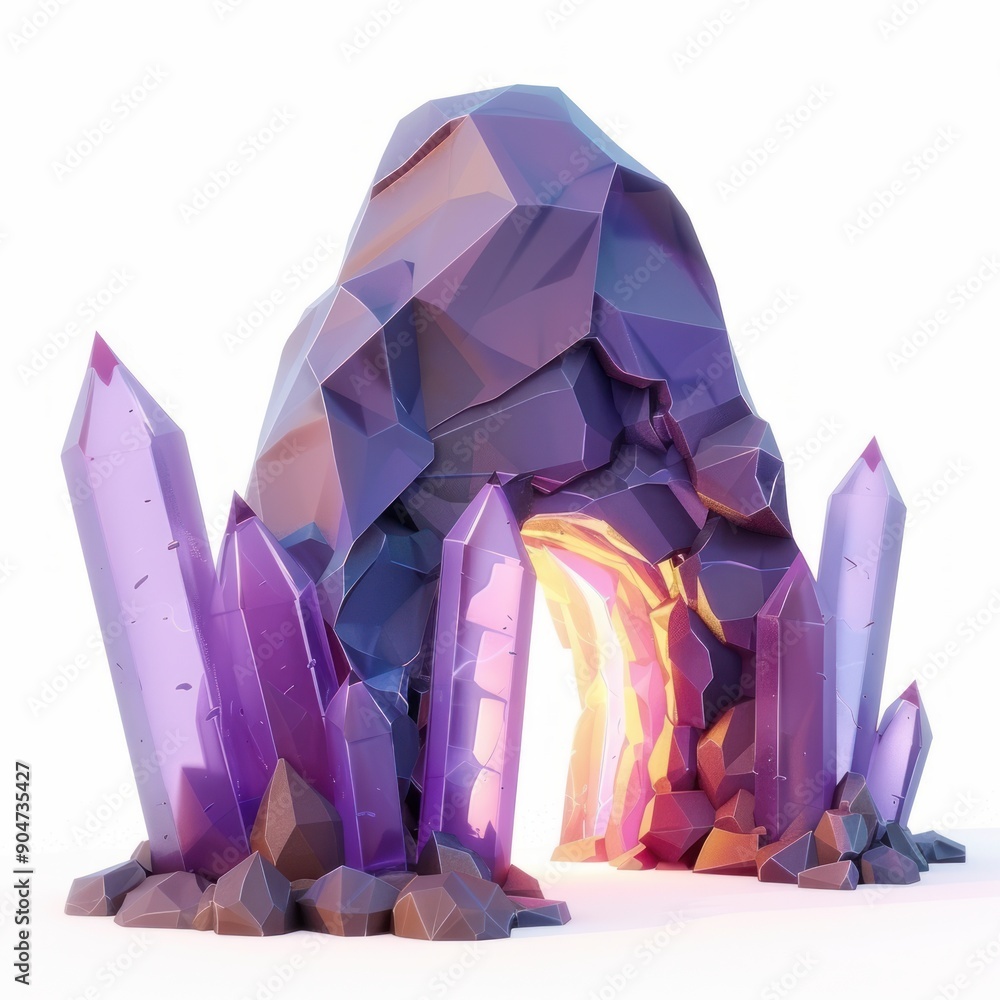 3D Render, Low Poly style of crystal cave magic portal, on isolated ...