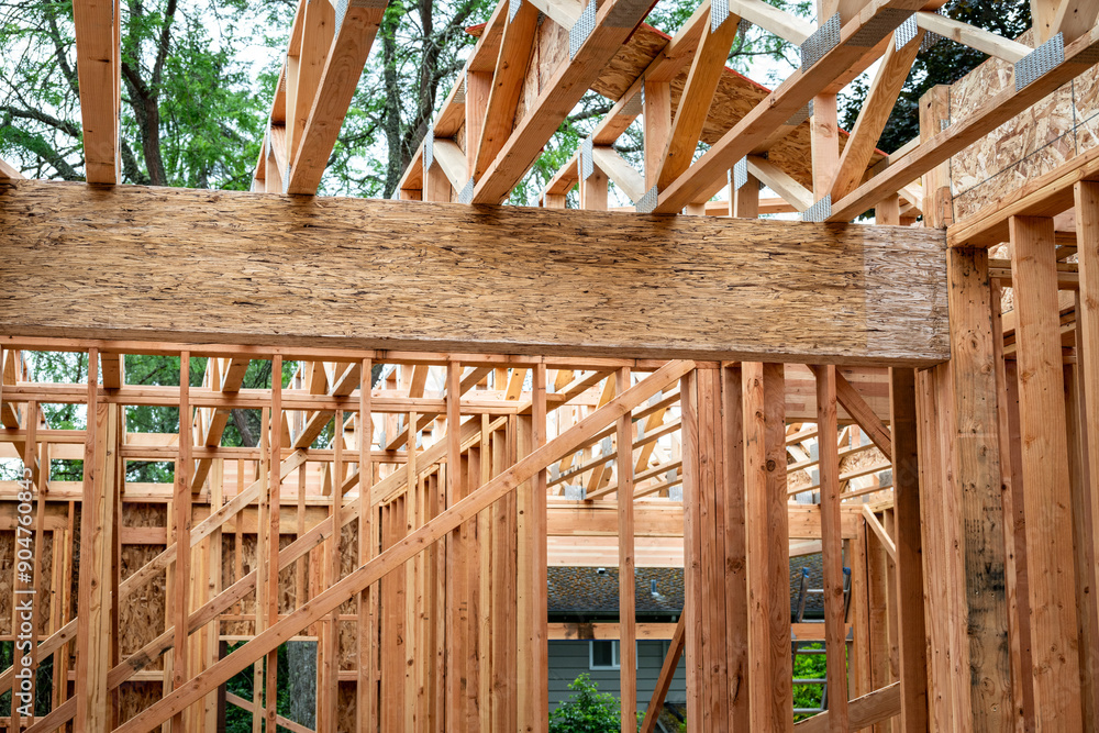 New house construction in residential neighborhood, job site detail ...