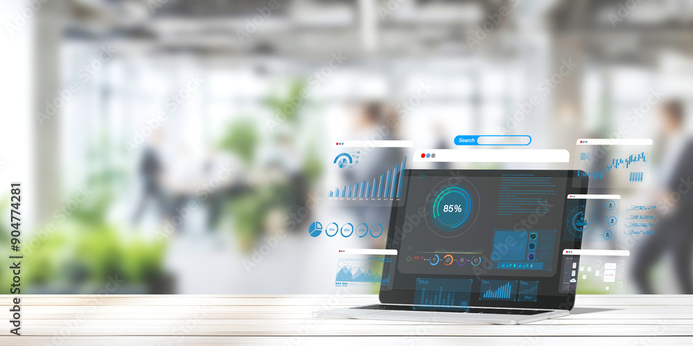 Laptop computer on blur background and dashboard for business analysis ...