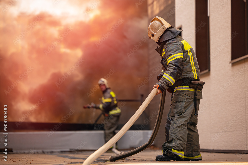 Fire incident in building. Action photo fireman team extinguishes burn ...
