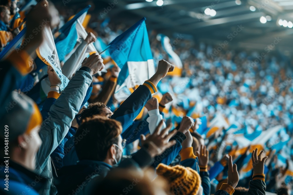 Stock-Foto „Crowd of fans in stadium stands, energetically waving blue ...
