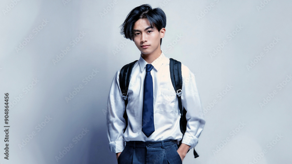 Teenage Japanese boy, school uniform, short messy hair, slouching ...