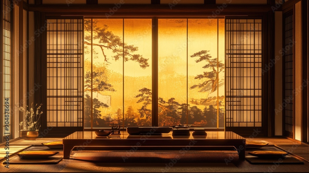 Vintage Japanese room background with detailed gold-backed paintings ...