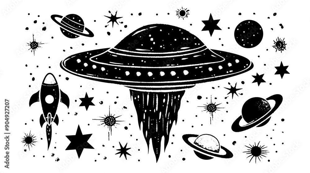 Ufo vintage doodle linocut set, separated black vector logo elements on ...
