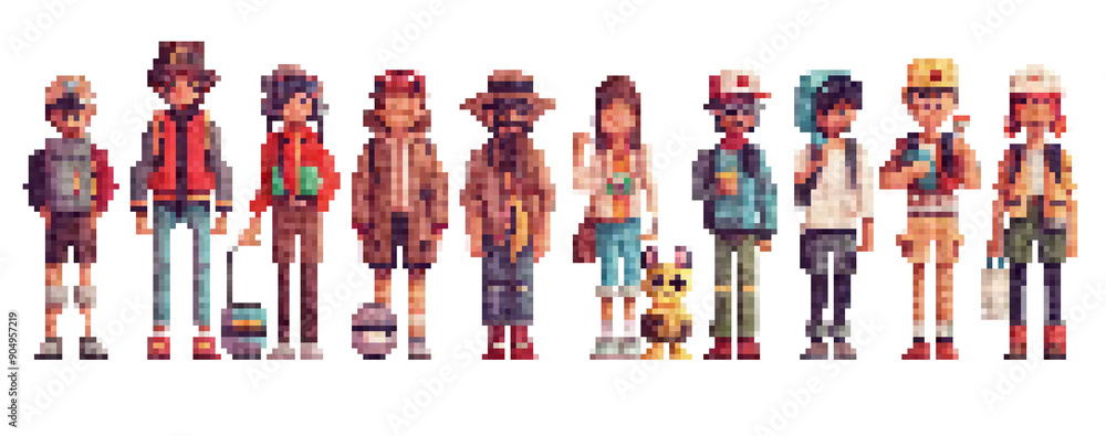 pixel art set of characters, people, isolated on white png transparent ...