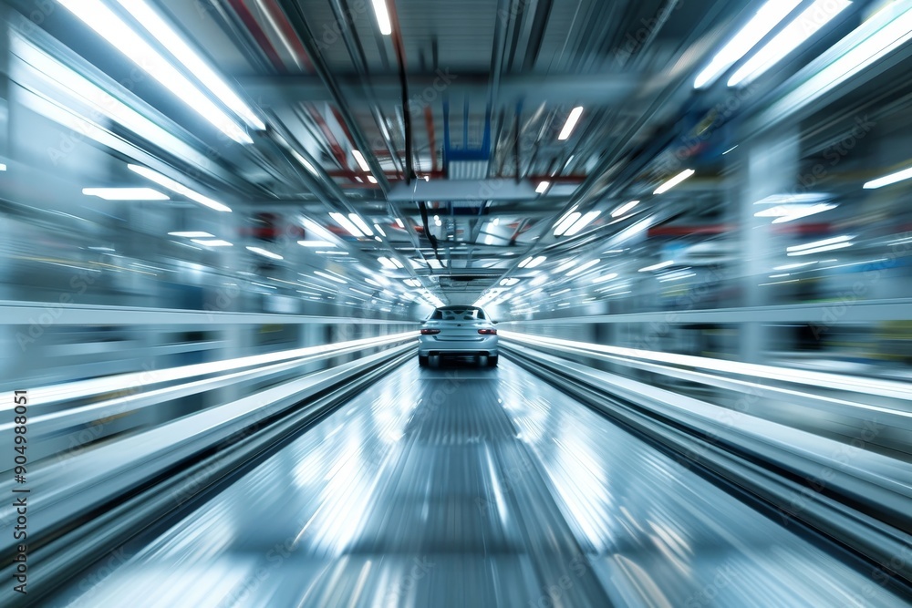 Modern car manufacturing plant with silver monocoque bodies on ...