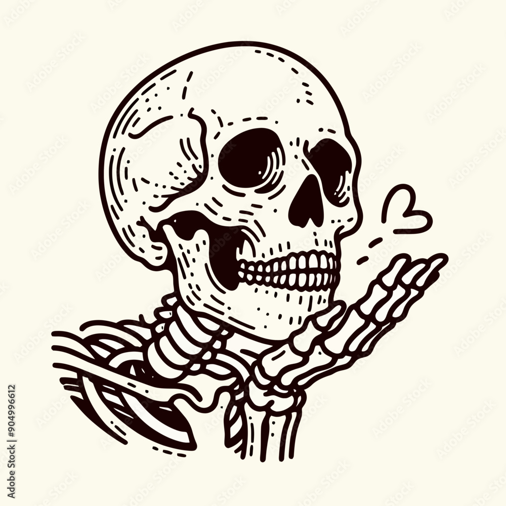 Skeleton blowing kisses Valentine Silhouette Cute Doodle Cartoon Line ...
