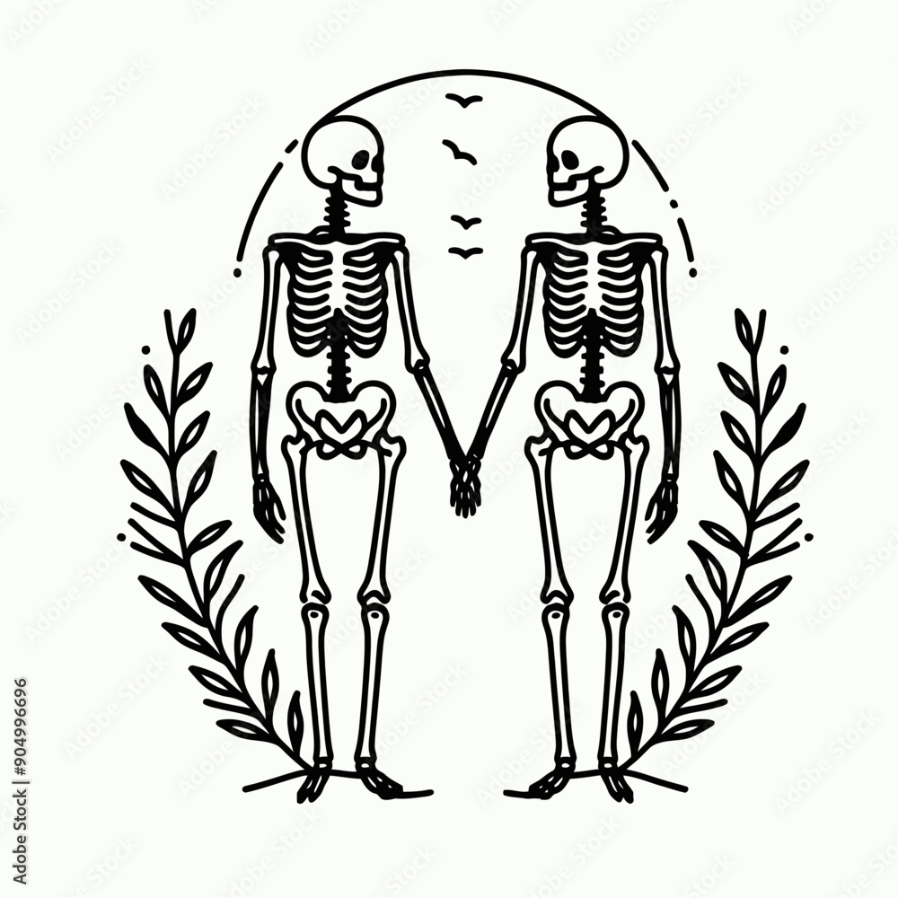 Skeleton couple holding hands Valentine Silhouette Cute Doodle Cartoon ...