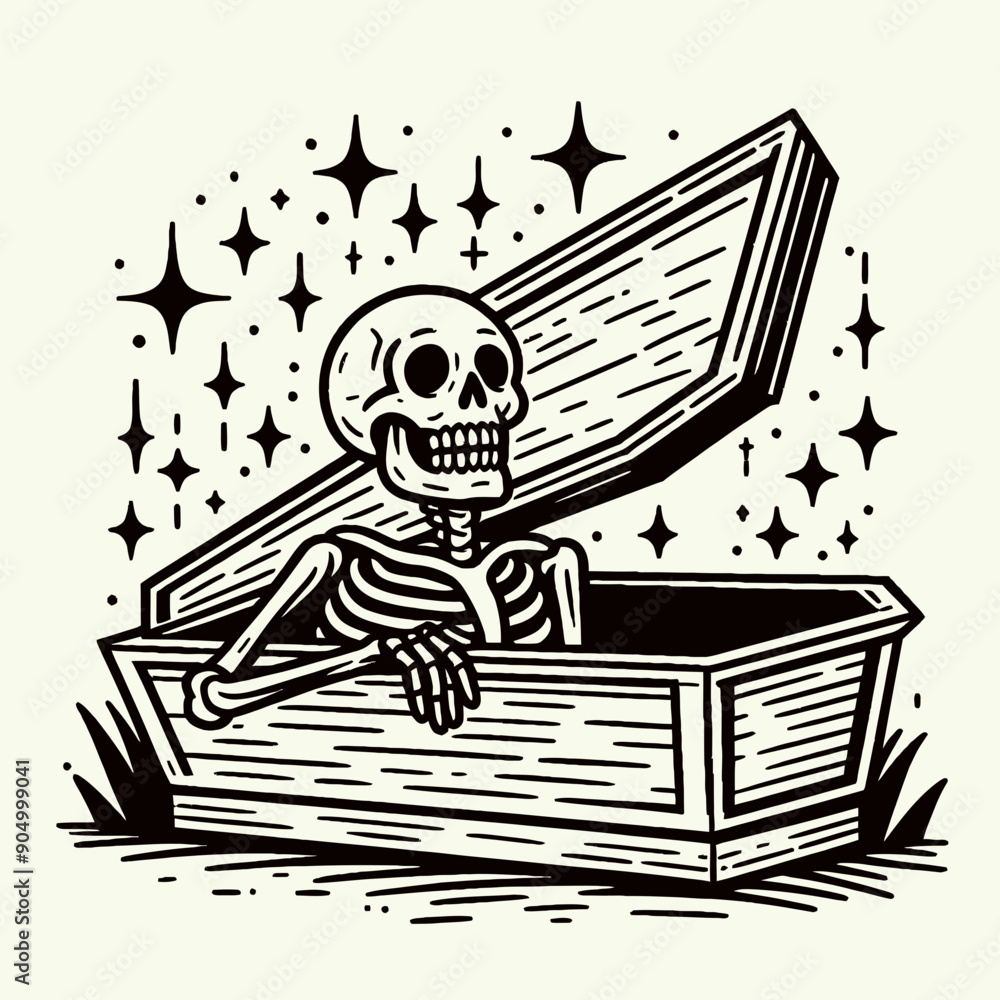 Skeleton popping out of a coffin Silhouette Cute Doodle Cartoon Line ...