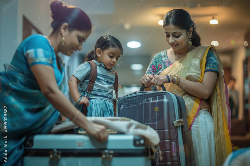 indian family of three are packing their luggage indoors and preparing ...