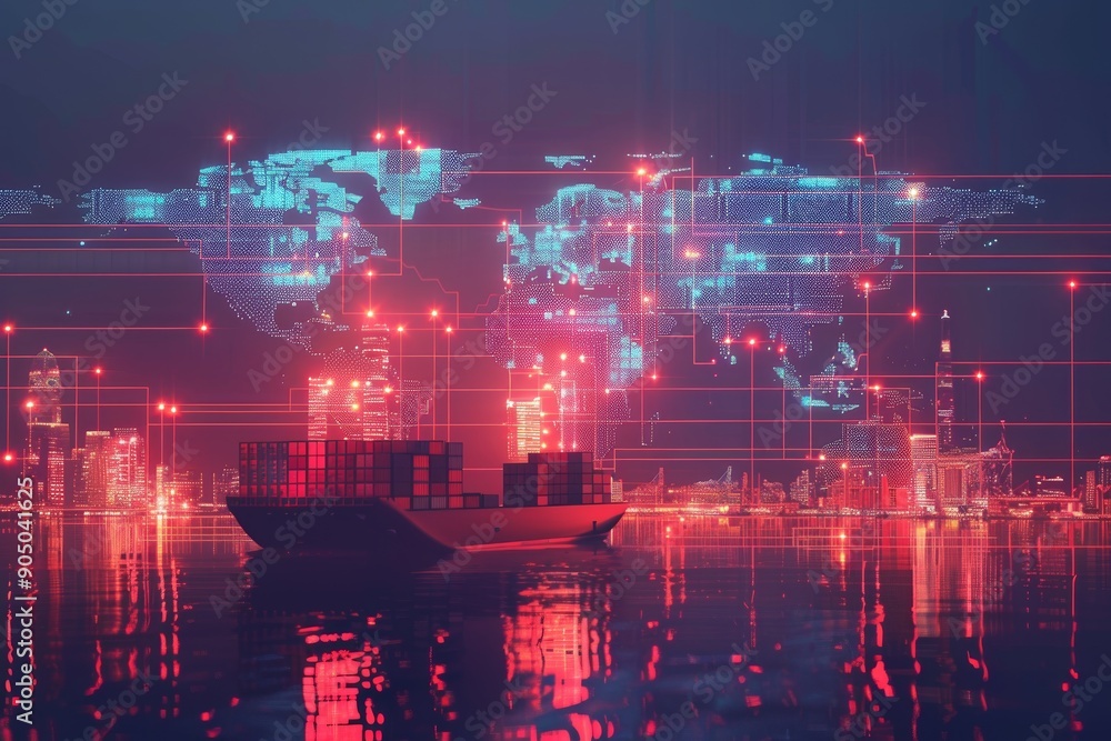 Futuristic Global Shipping Network Concept with Cargo Ship and Digital ...