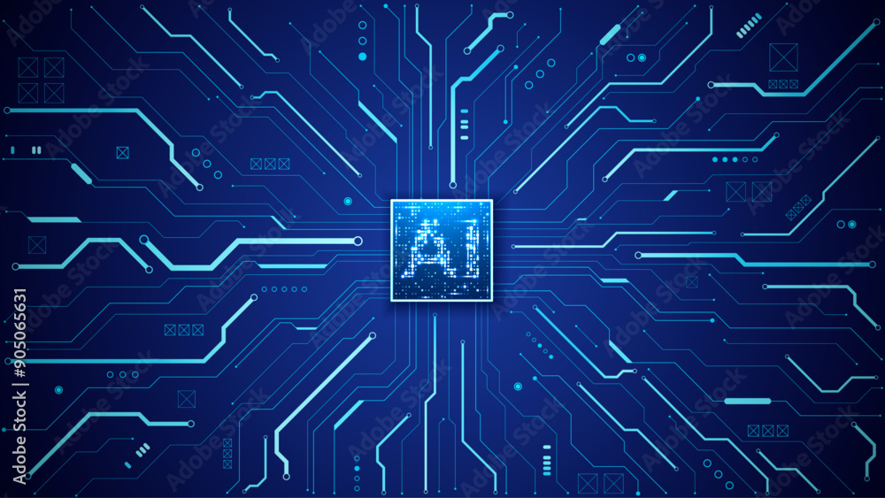 AI chip background. Processor on light blue tech circuit board. Technology bg. Artificial ...