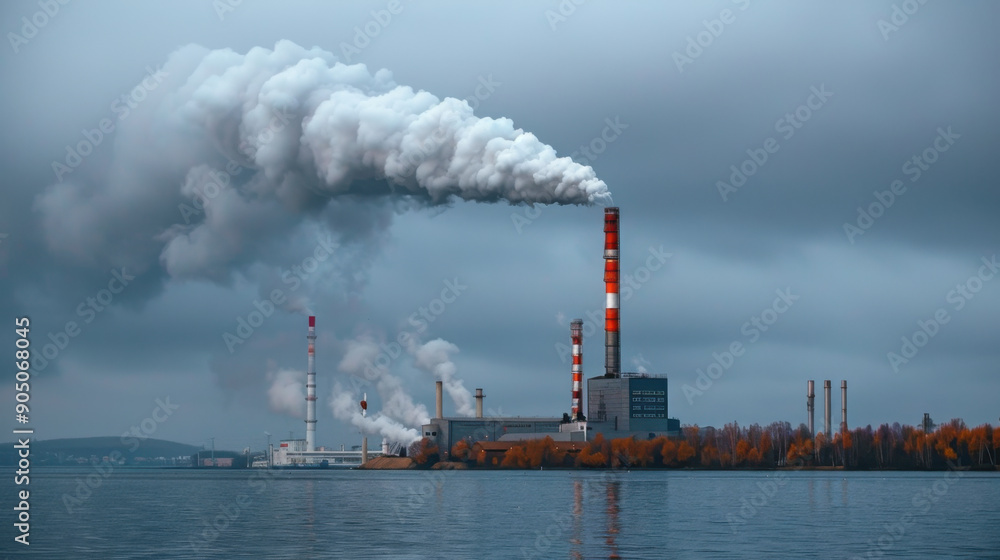 Industrial factory with smoke stacks emitting pollution, highlighting ...