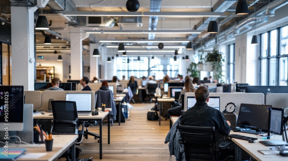 Modern office interior with employees working at desks and in ...