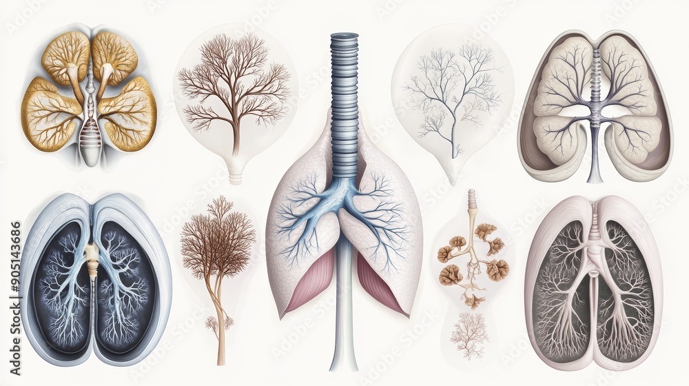 Detailed anatomical illustrations of human lungs and bronchial tubes ...