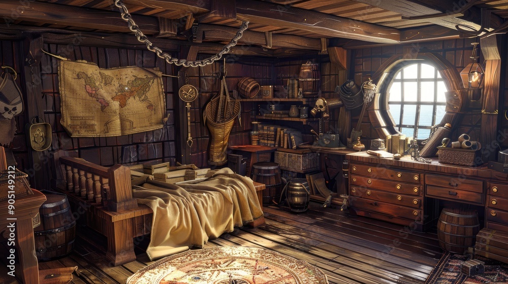 Foto de Stock Detailed pirate ship cabin interior with wooden walls, a ...