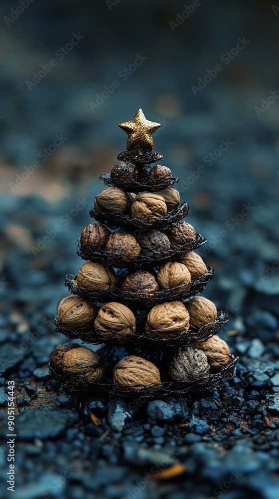 Festive walnut Christmas tree with golden star topper on dark textured ...